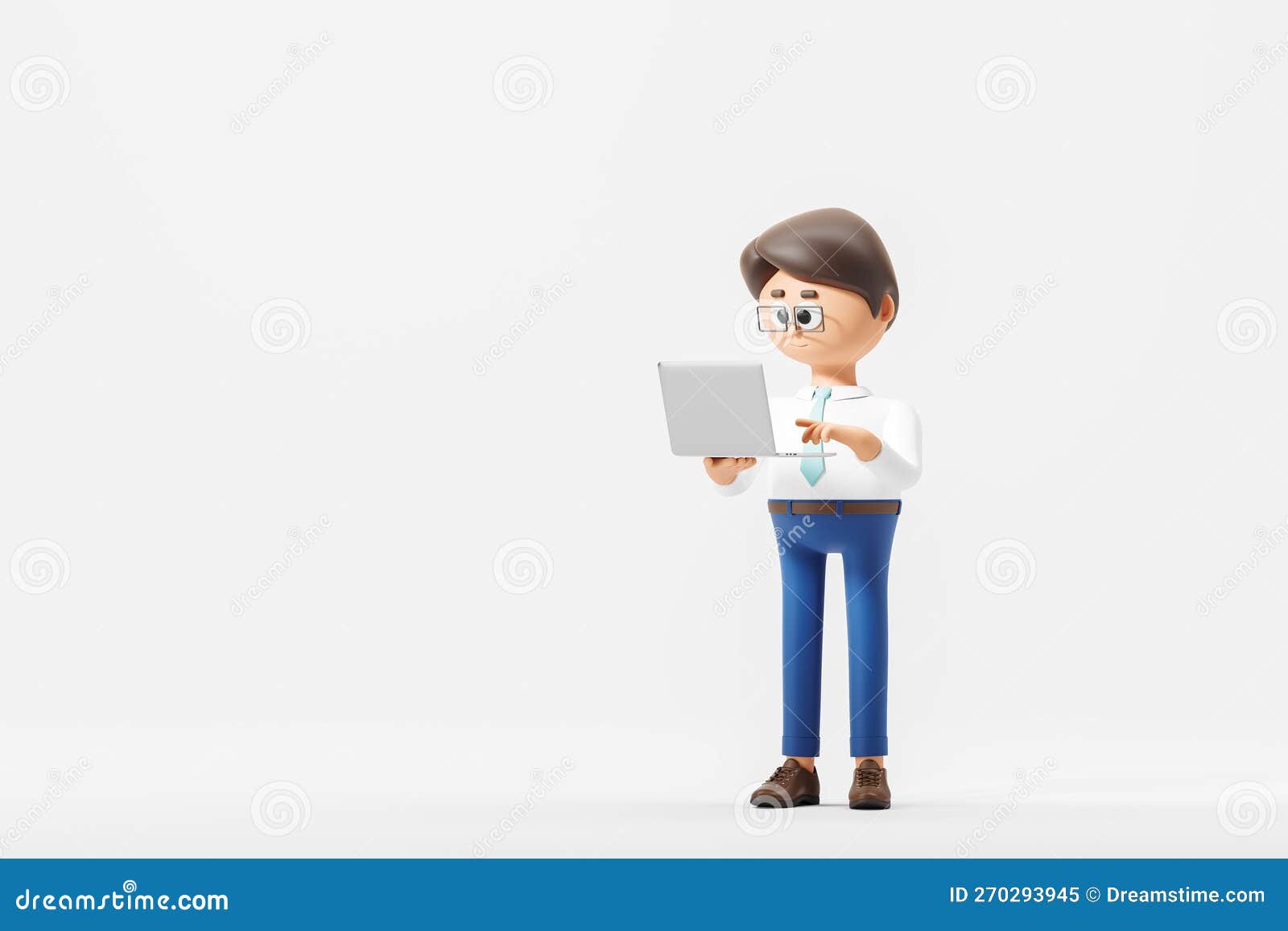 3d Rendering. Cartoon Man Using Laptop on Empty White Background Stock ...
