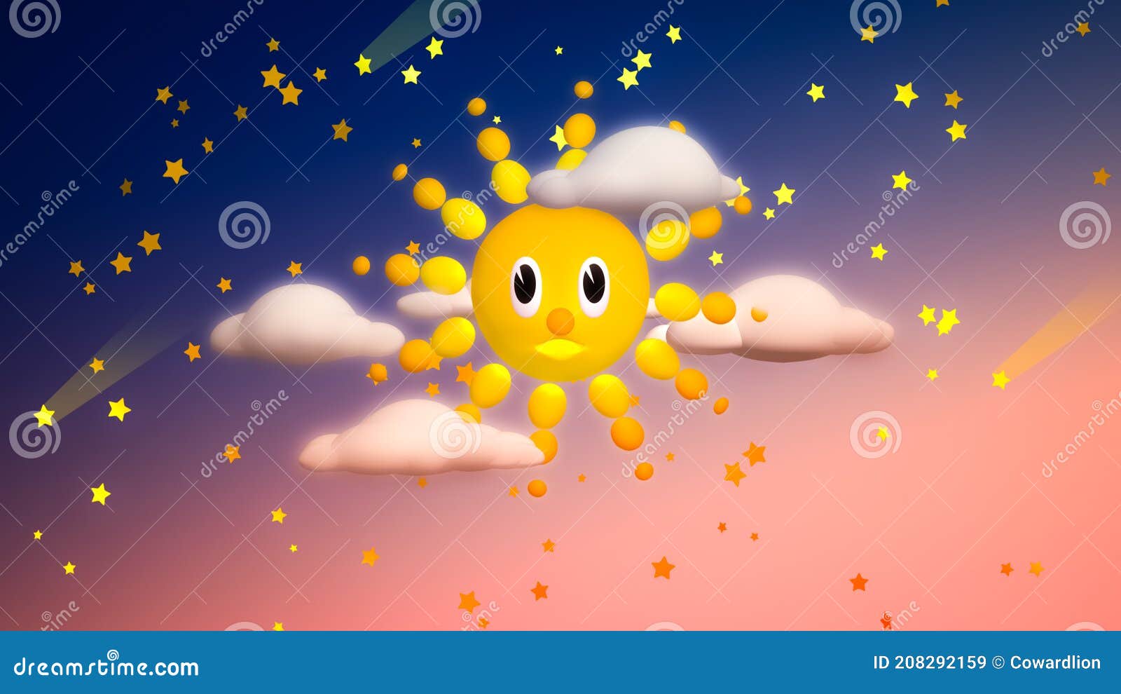 3D Rendering of a Cartoon Sun Surrounded by Clouds and the Stars in a ...