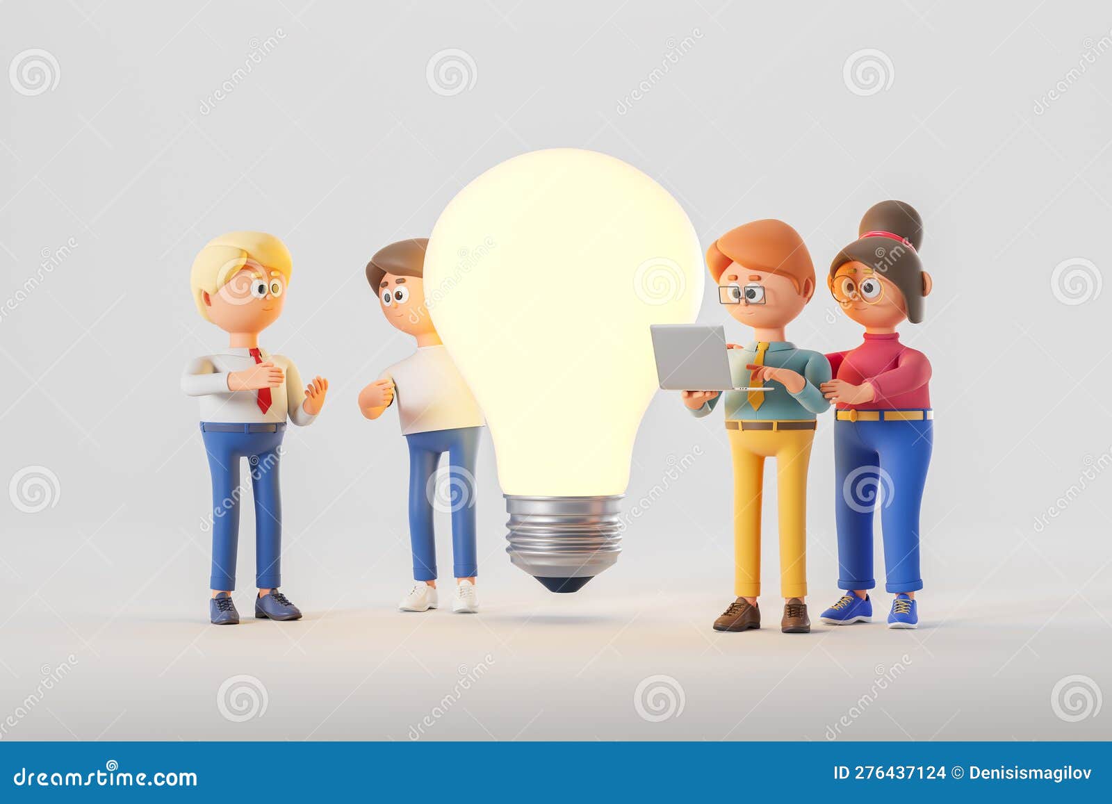 3d Rendering. Cartoon Teamwork Working in Laptop, Big Lightbulb Stock ...