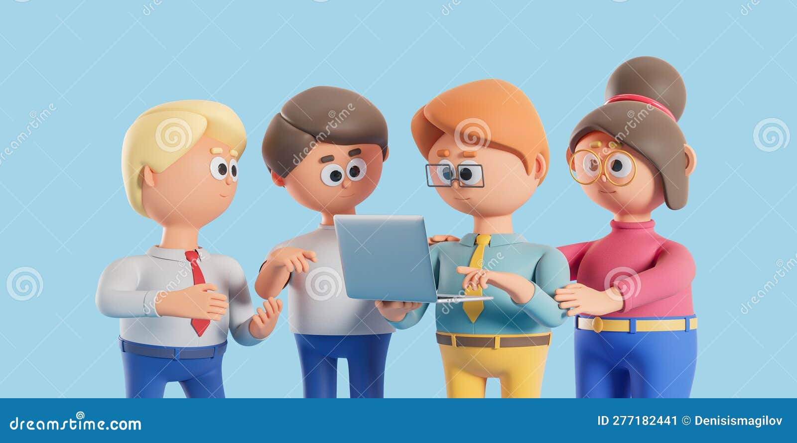 3d Rendering. Cartoon Teamwork Working in Laptop, Cooperation Stock ...
