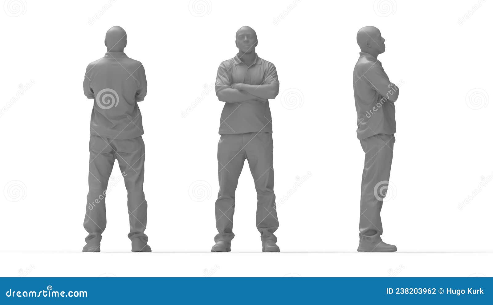 3D Rendering of a Casual Man Front Side and Back View. Arms Crossed ...