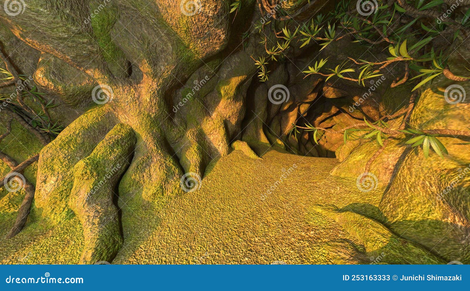 Cave And Tree In Jurassic Peroid . Watercolor Painting Style ...