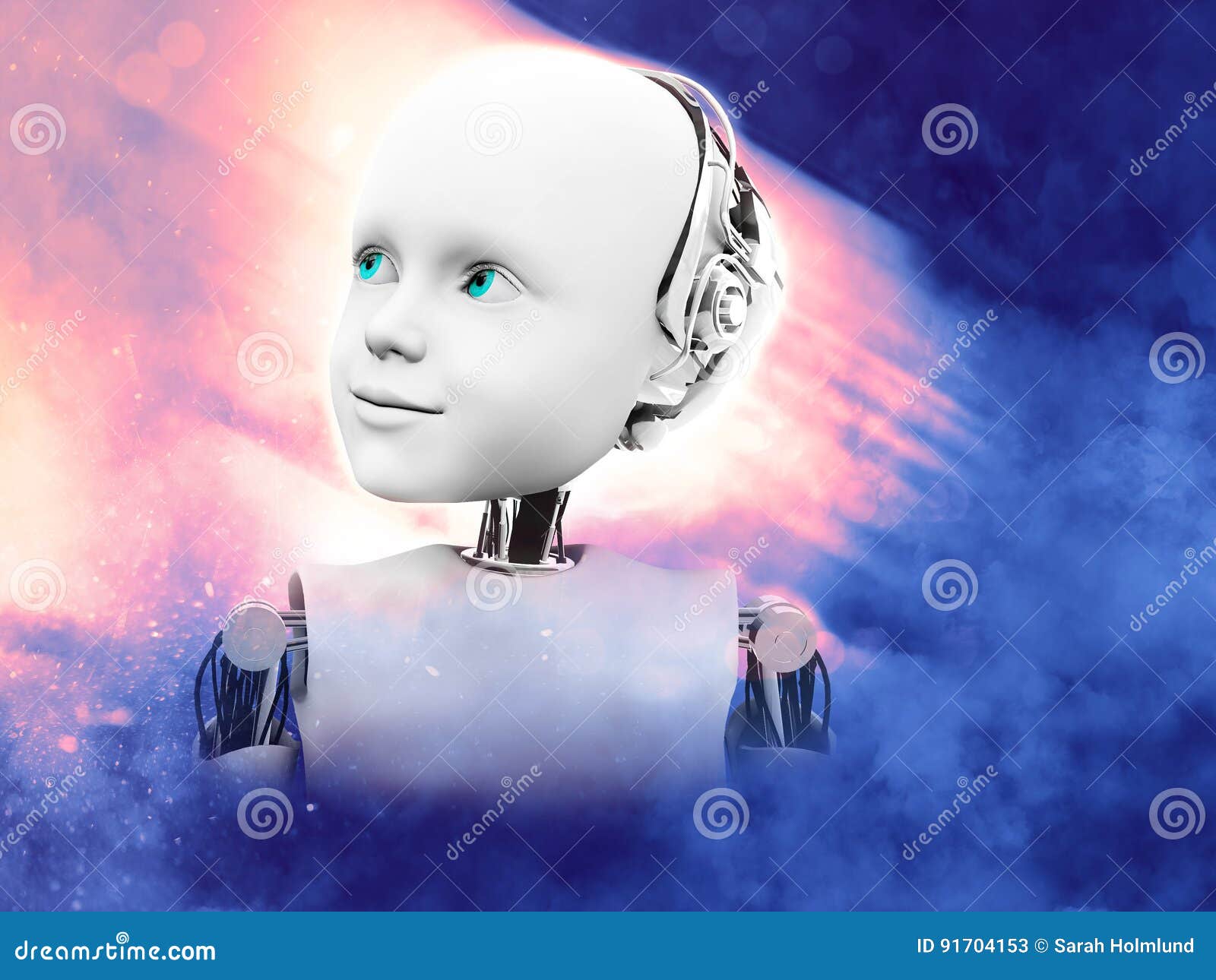 3D Rendering Of Child Robot Head With Space Background. Royalty-Free ...