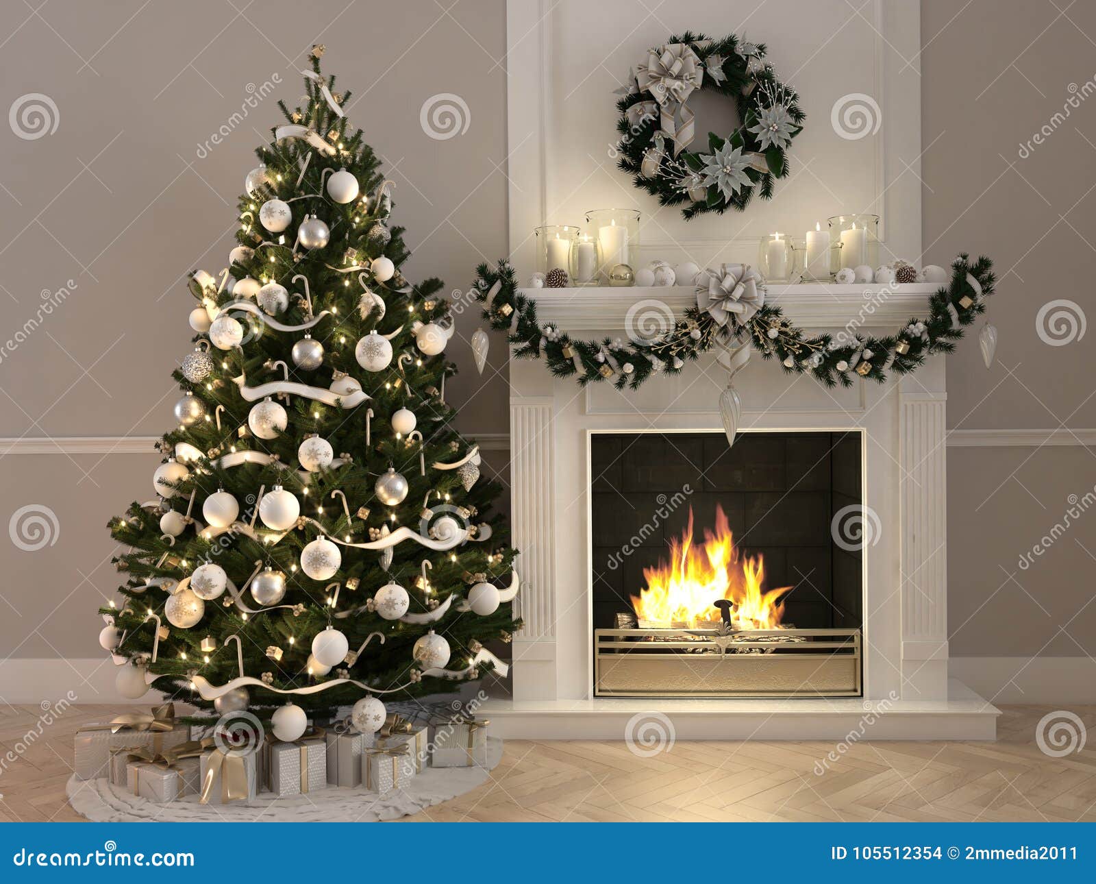 3d Rendering. Christmas Scene with Decorated Tree and Fireplace. Stock ...