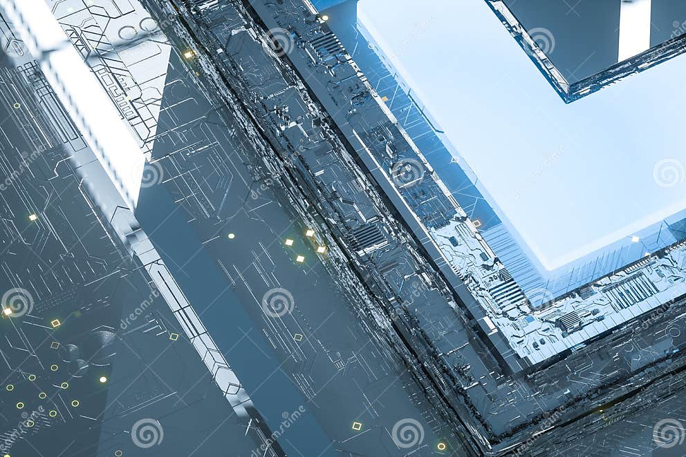 3d Rendering, Circuit Board and Blue Glow Chip Stock Illustration ...