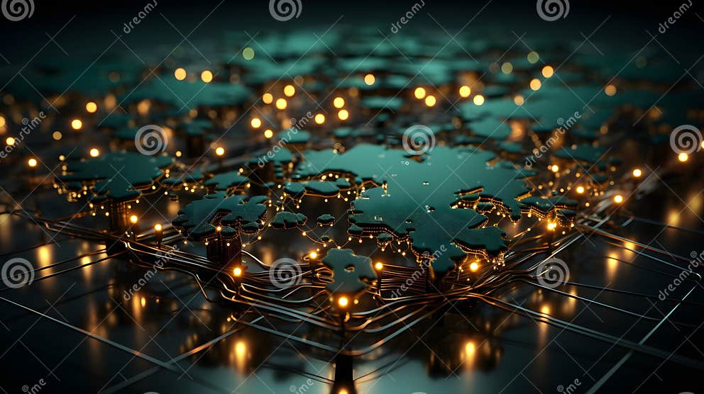 3d Rendering of Circuit Board with Glowing Pieces of Puzzle. Technology ...