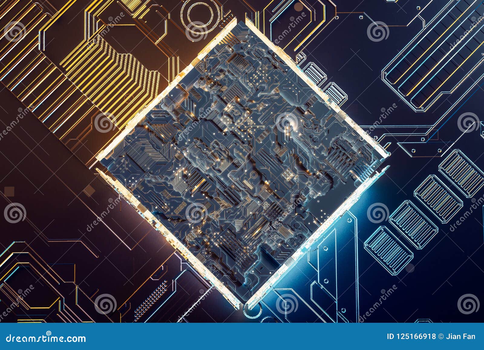 3d Rendering, Circuit Board and Gold Glow Chip Stock Illustration ...