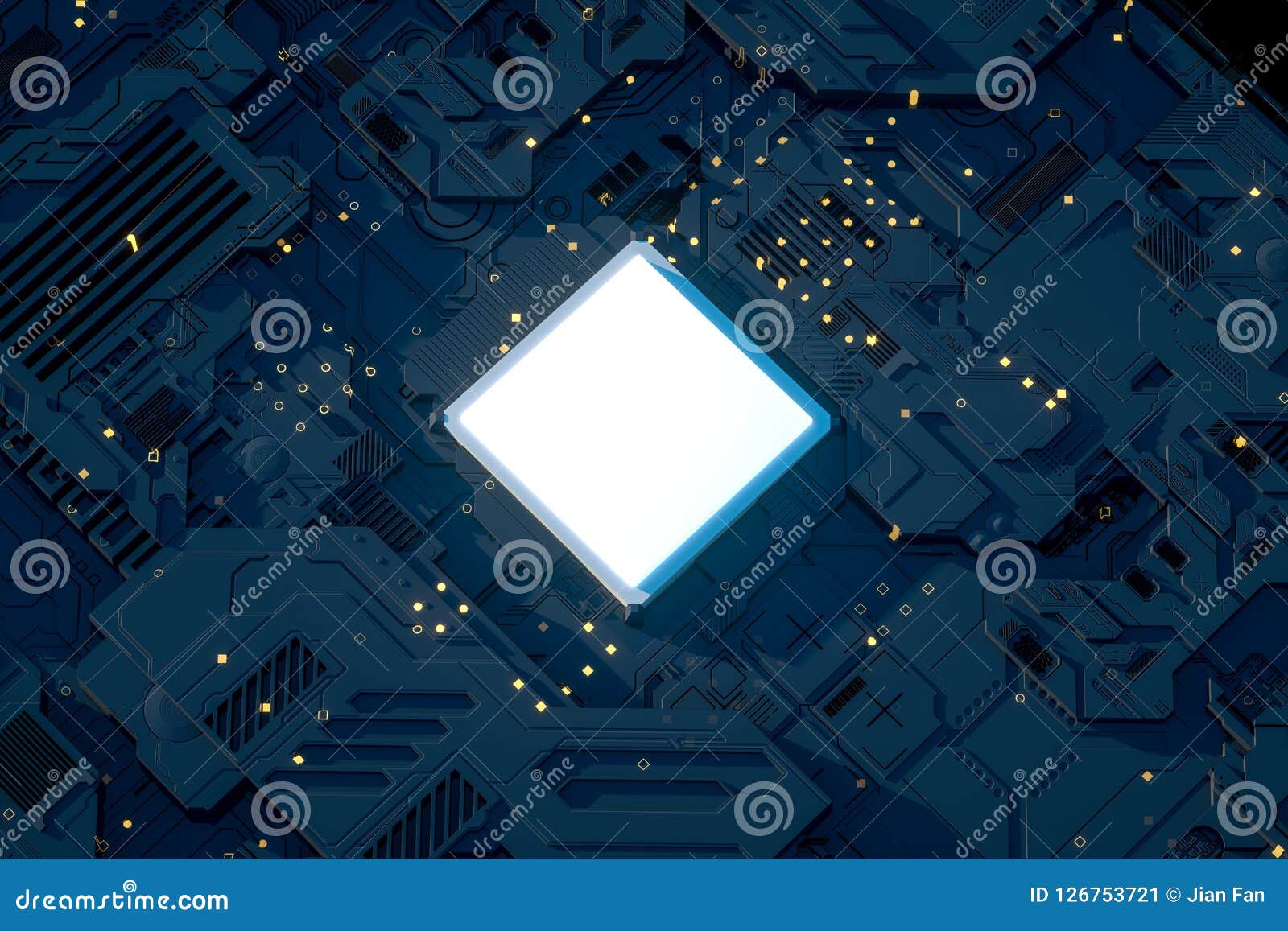 3d Rendering, Circuit Board and Gold Glow Chip Stock Illustration ...