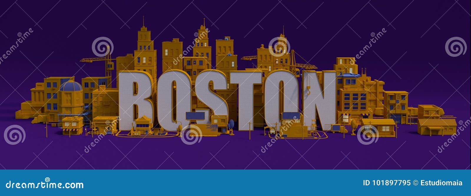 3d Rendering City with Buildings, Boston Lettering Name Stock ...