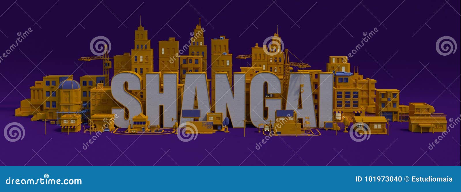 3d Rendering City with Buildings, Shanghai Lettering Name Stock ...