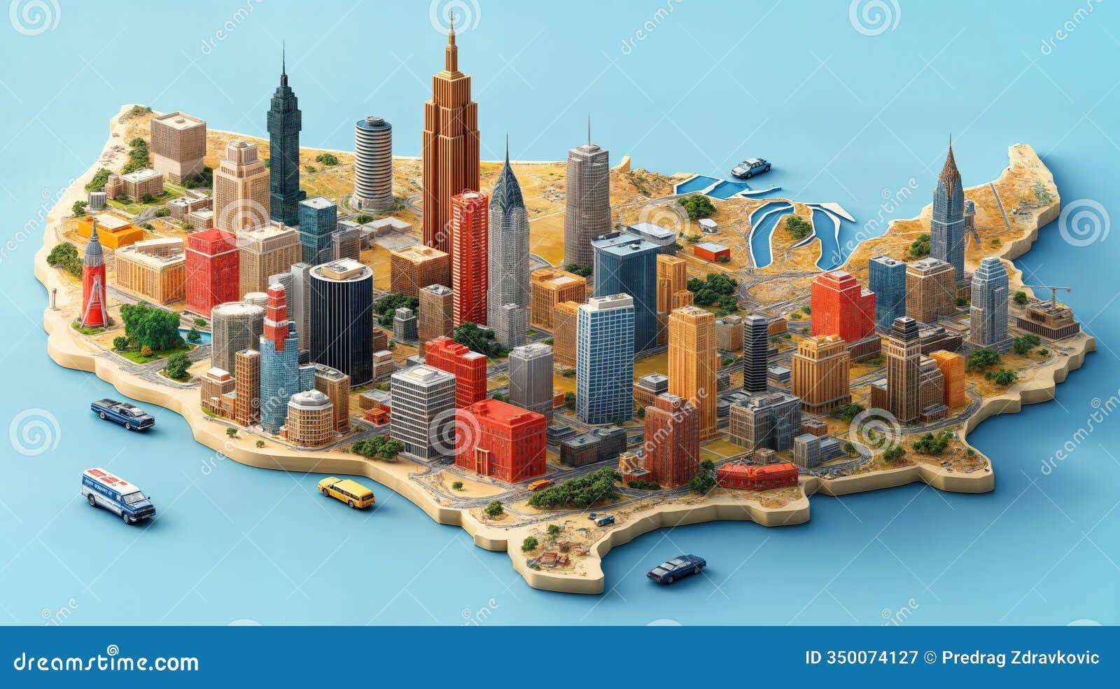 3D Rendering of a City Built on a Map Stock Illustration - Illustration ...