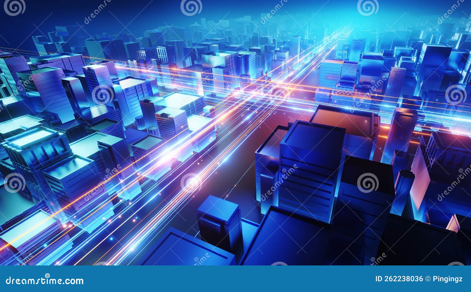 3D Rendering Cityscape with Glowing Data Lines, Dolly Rotate Camera ...