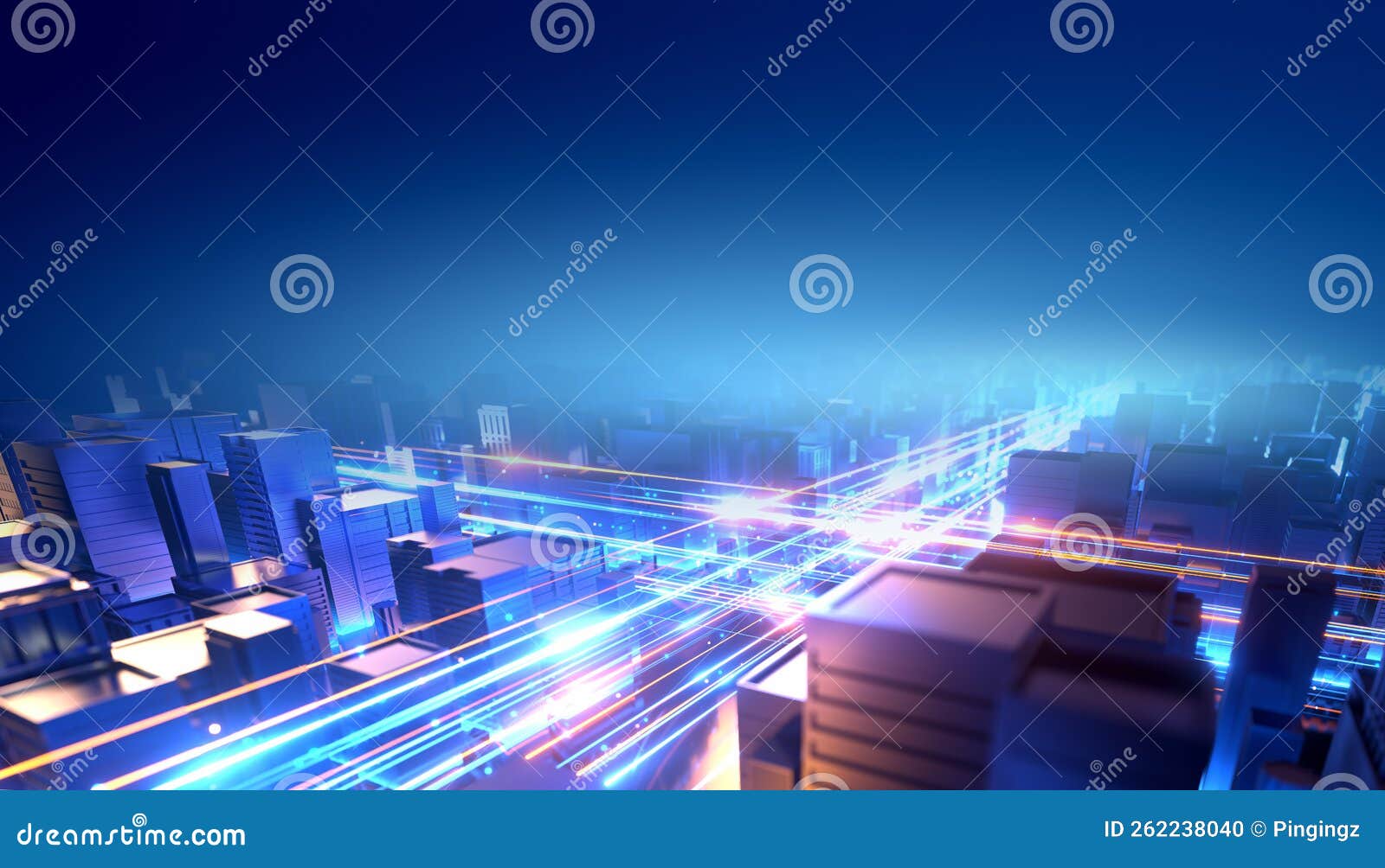 3D Rendering, Cityscape with Glowing Data Lines, Dolly Rotate Camera ...