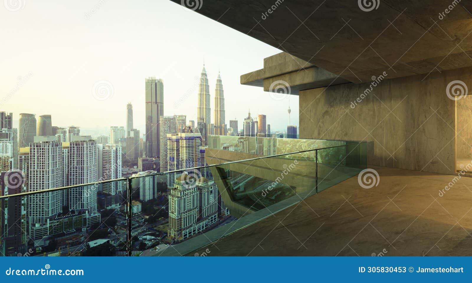 3D Rendering Cityscape View in Balcony Outside Office Glass Railing ...