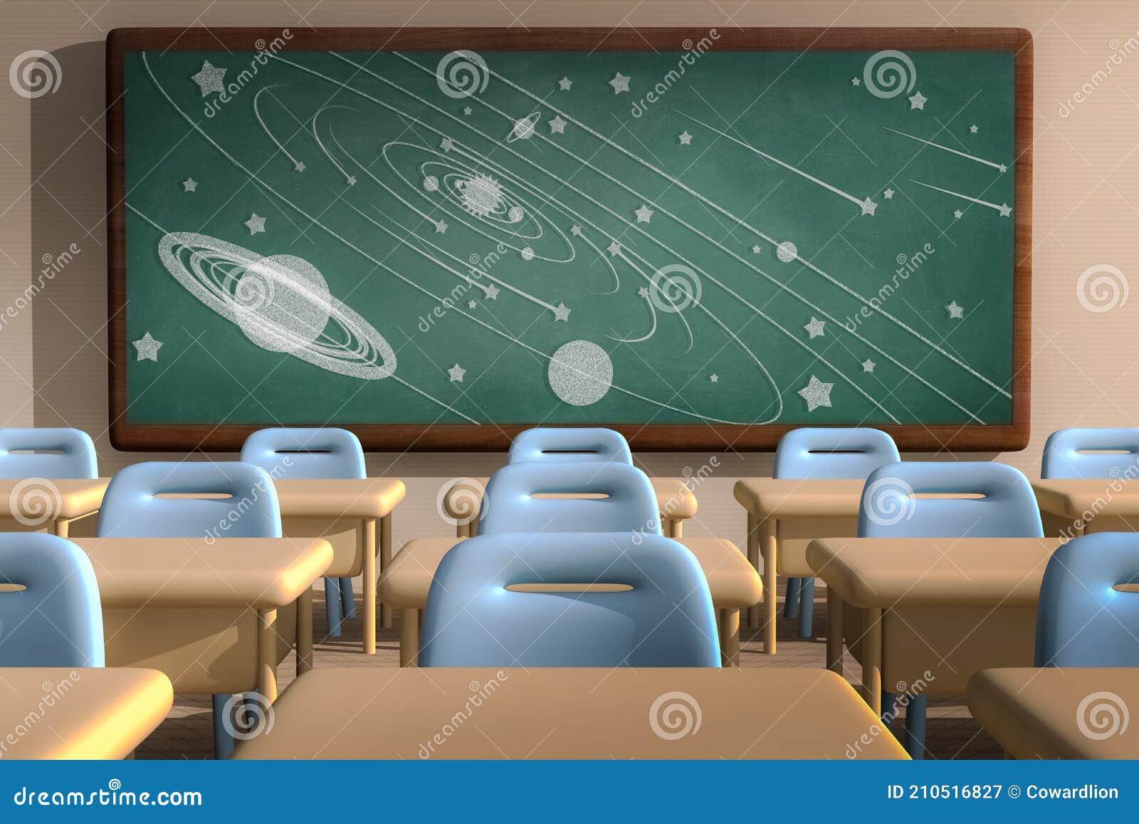 3D Rendering of Class Room with a Solar System Chalk Drawing on a ...