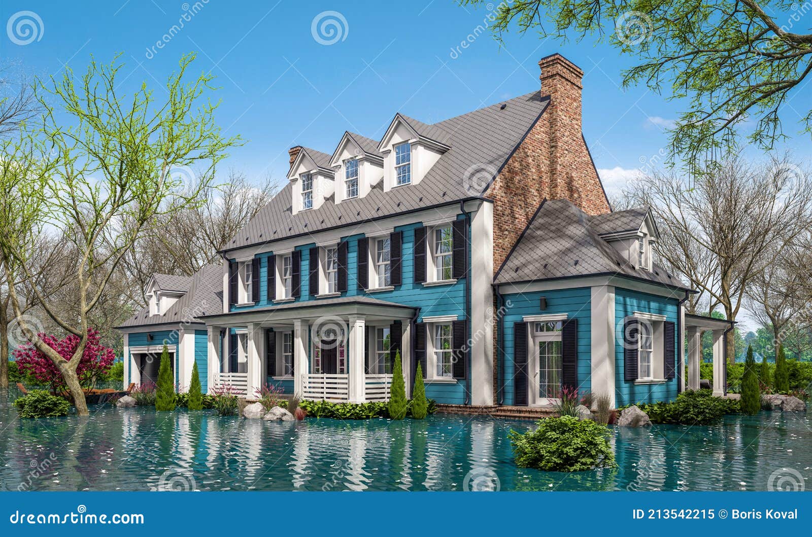 3d Rendering of Classic House in Colonial Style in Spring Flood Stock ...