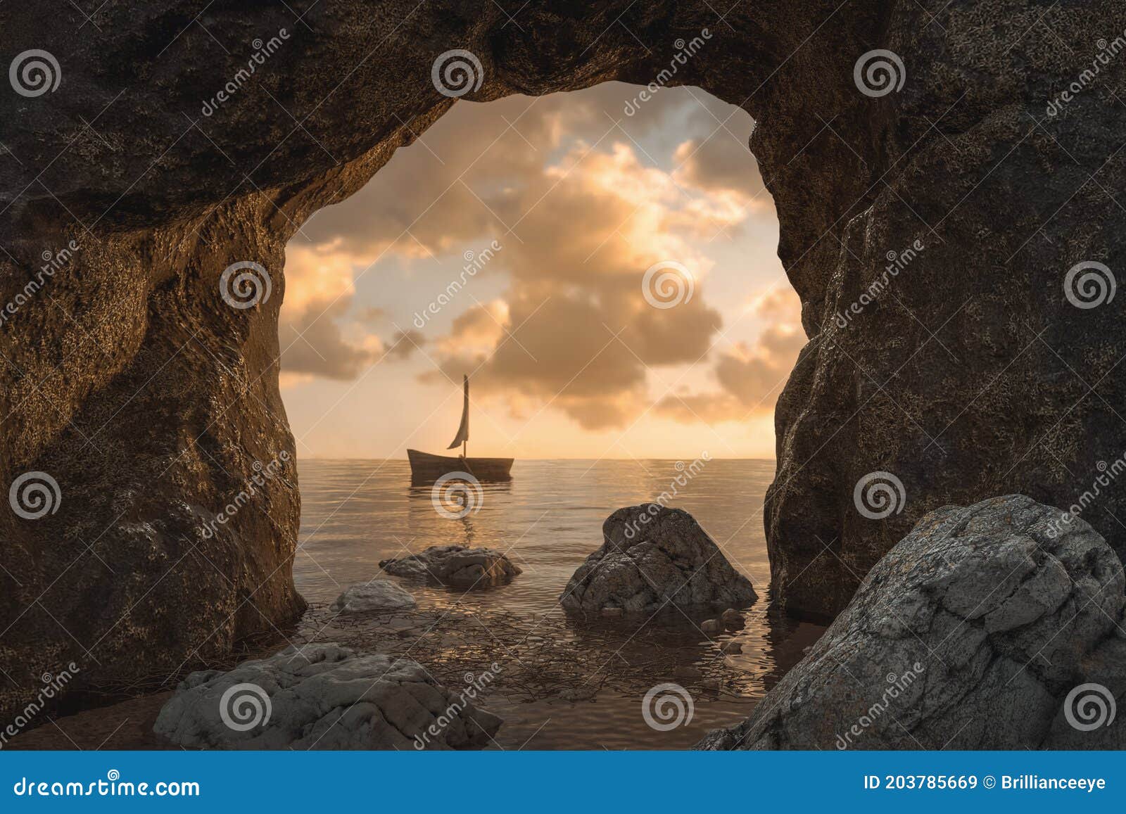 3d Rendering of Cliff Cave with the View To Abandoned Boat in the ...