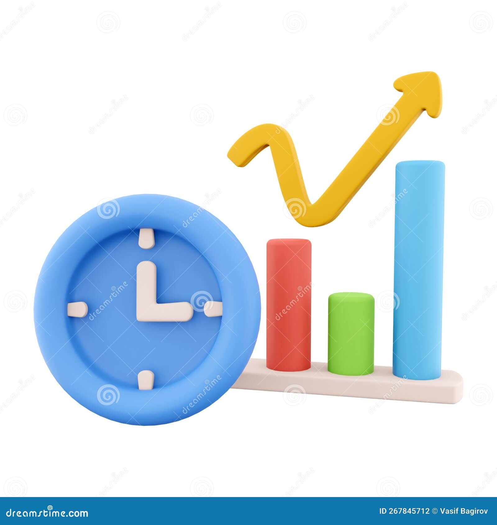 3D Rendering Clock And Color Graphs Pointing Up Icon. 3d Render Chart ...