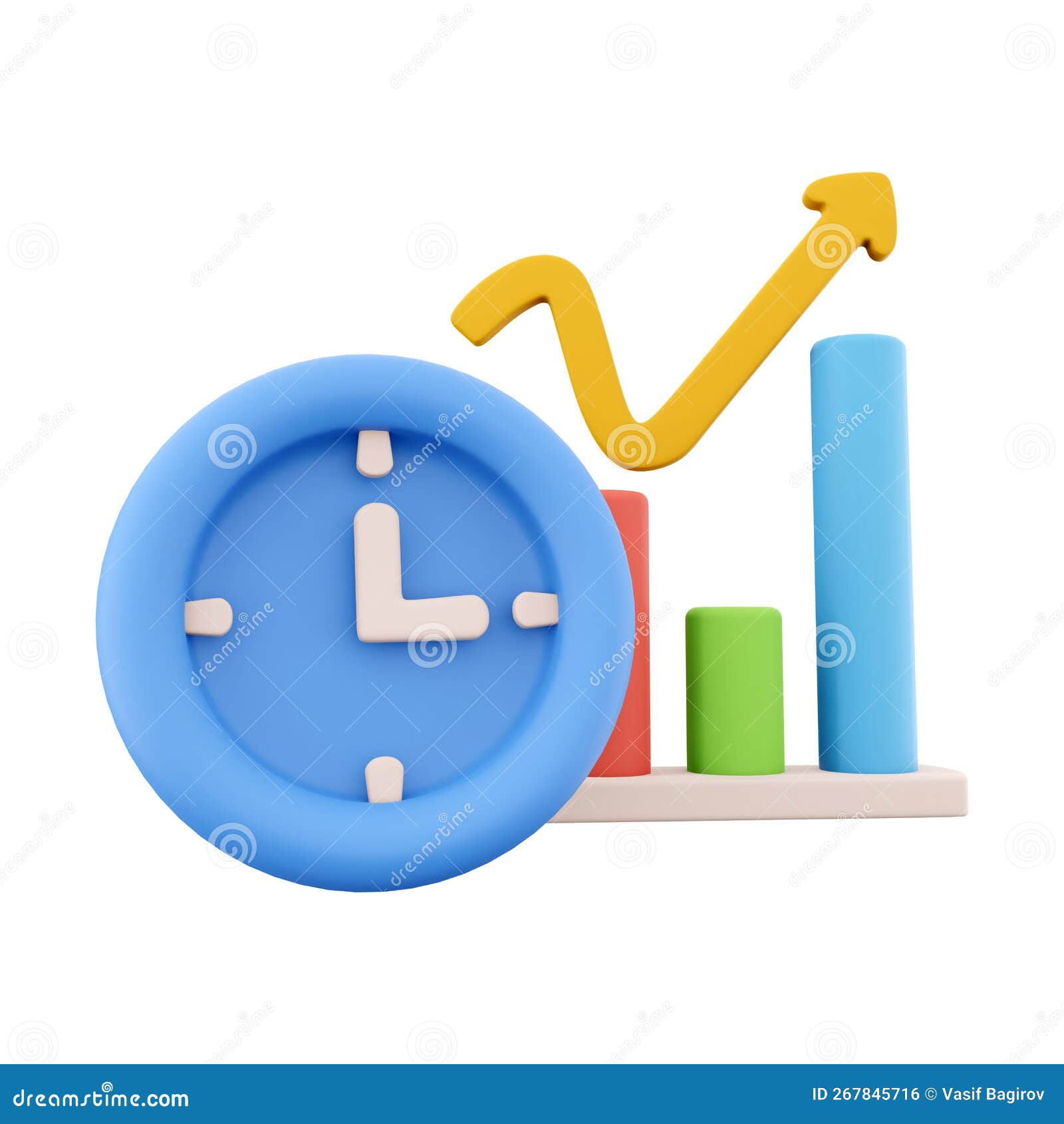 3D Rendering Clock And Color Graphs Pointing Up Icon. 3d Render Chart ...