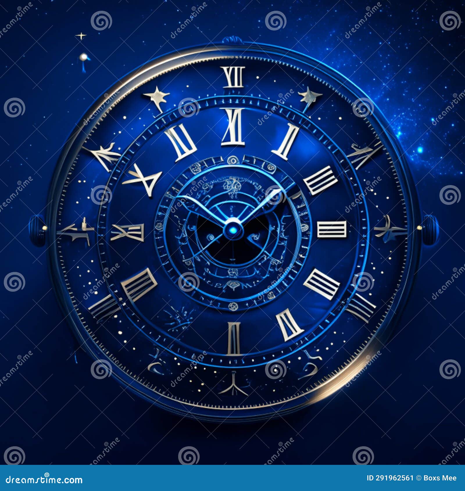 3D Rendering of a Clock on a Dark Blue Background with Stars Generative ...