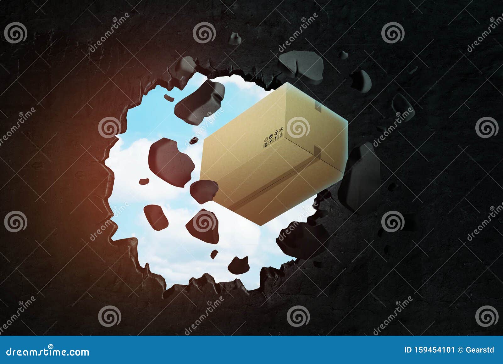3d Rendering of Closed Cardboard Box Breaking Black Wall Stock ...