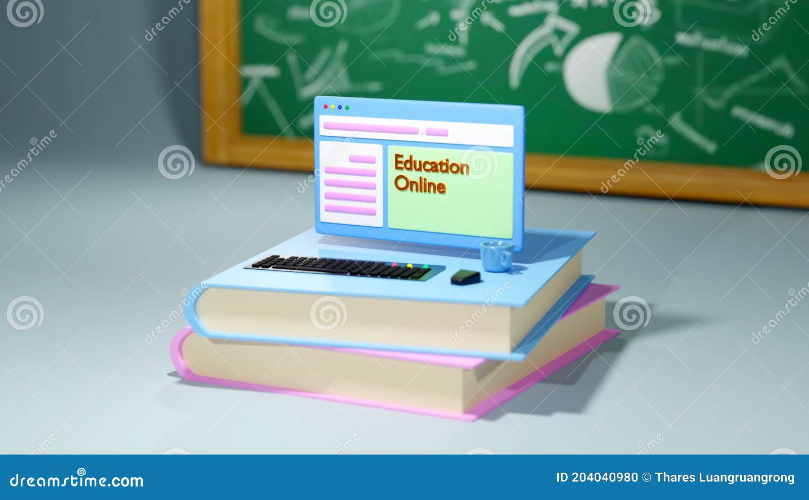 3D Rendering of Closeup Computer Set on Books that Represents Education ...