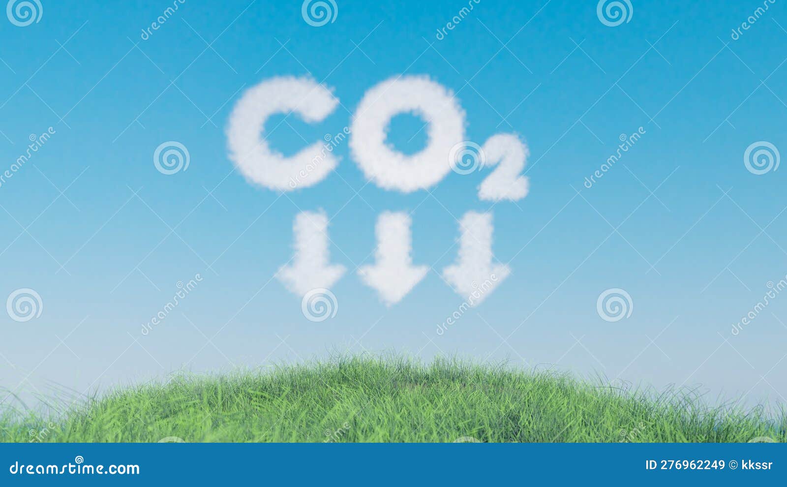 Cloud Forming a CO2 Text and Arrow Down Shape, Green Grass Field and ...