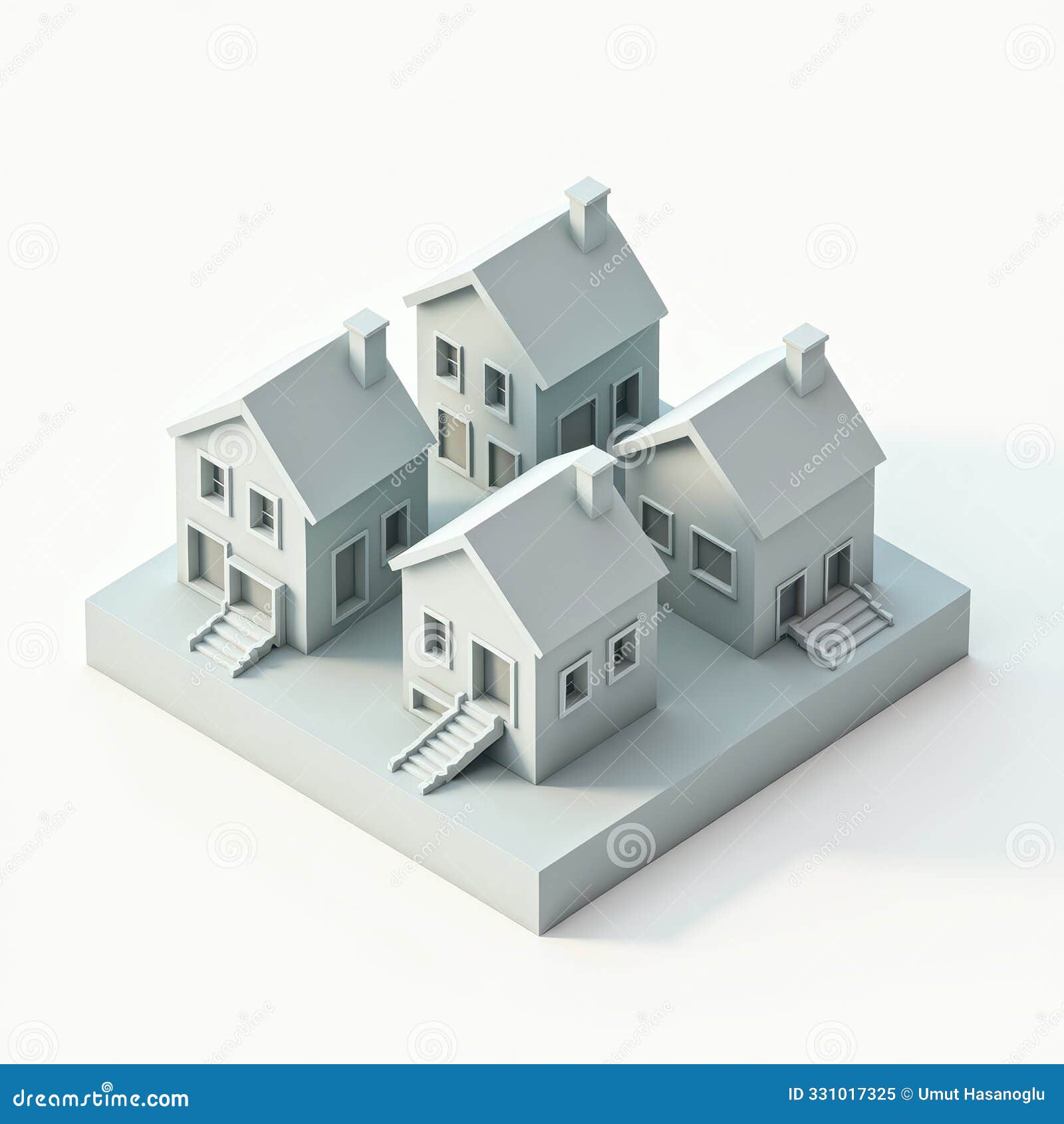 3D Rendering of a Cluster of Four Small, Modern Houses on a White ...