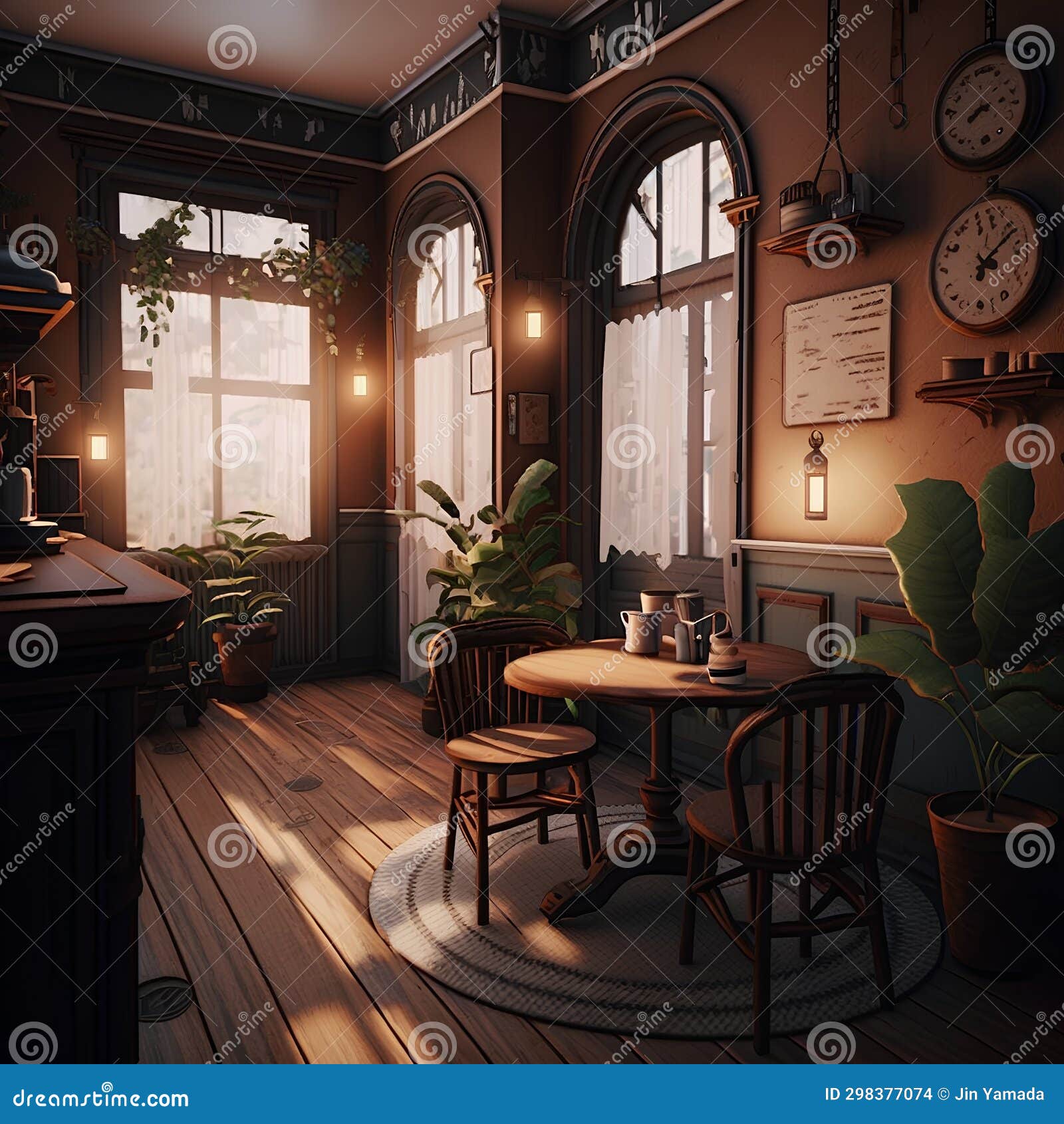 3D Rendering of a Coffee Shop Interior with a View of the City Stock ...