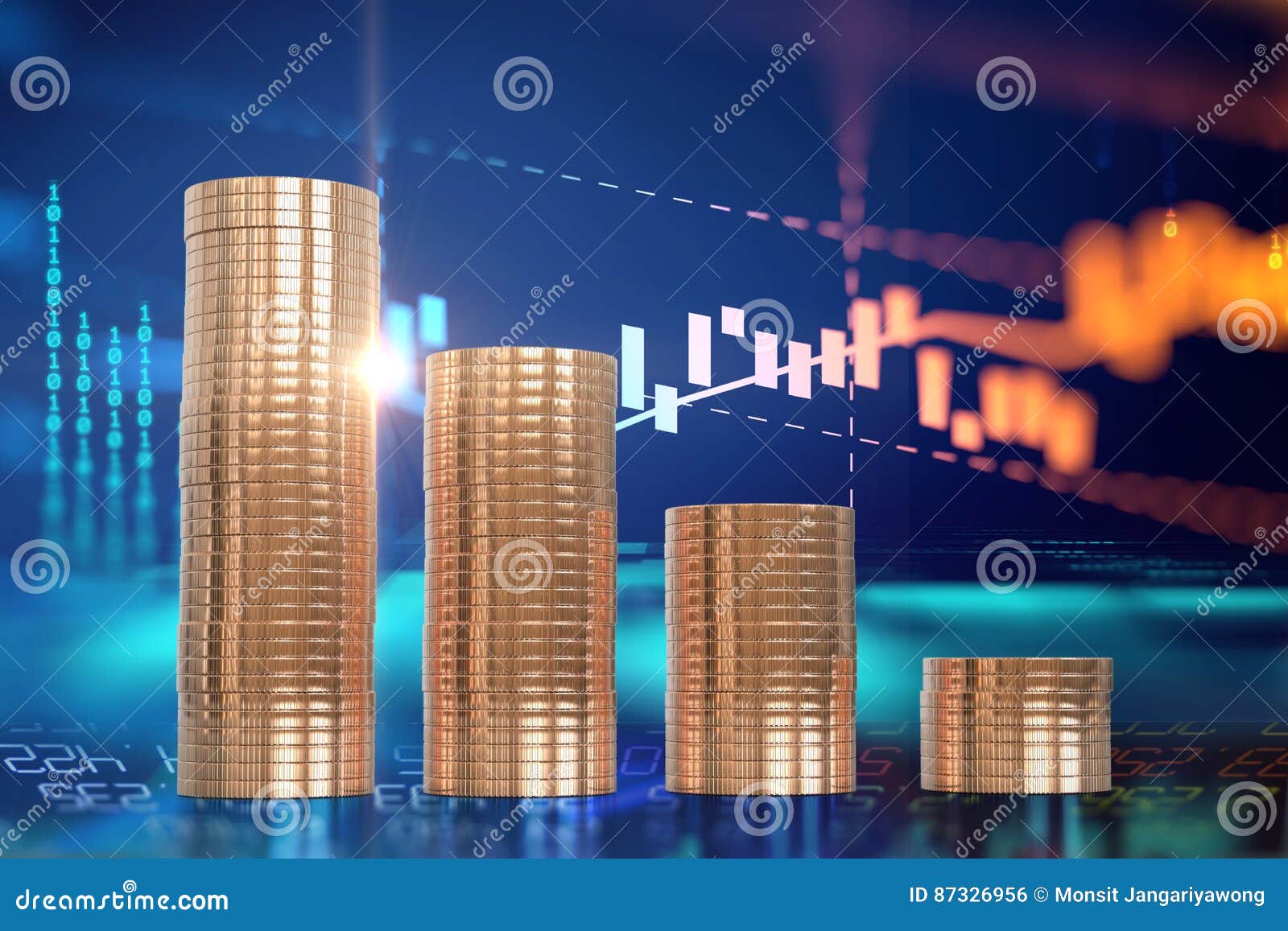3d Rendering of Coin Stacks on Technology Financial Graph Background ...