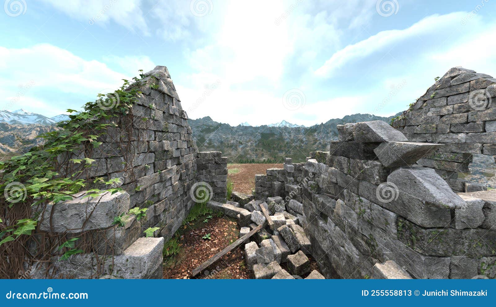 3D Rendering of the Collapsed Stone House at the Top of the Mountain ...