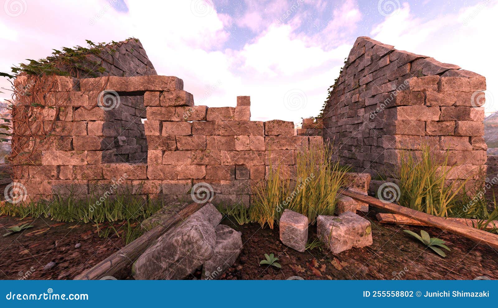 3D Rendering of the Collapsed Stone House at the Top of the Mountain ...