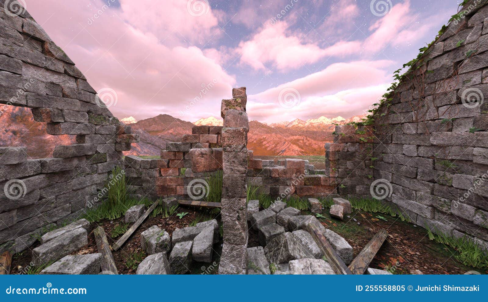 3D Rendering of the Collapsed Stone House at the Top of the Mountain ...