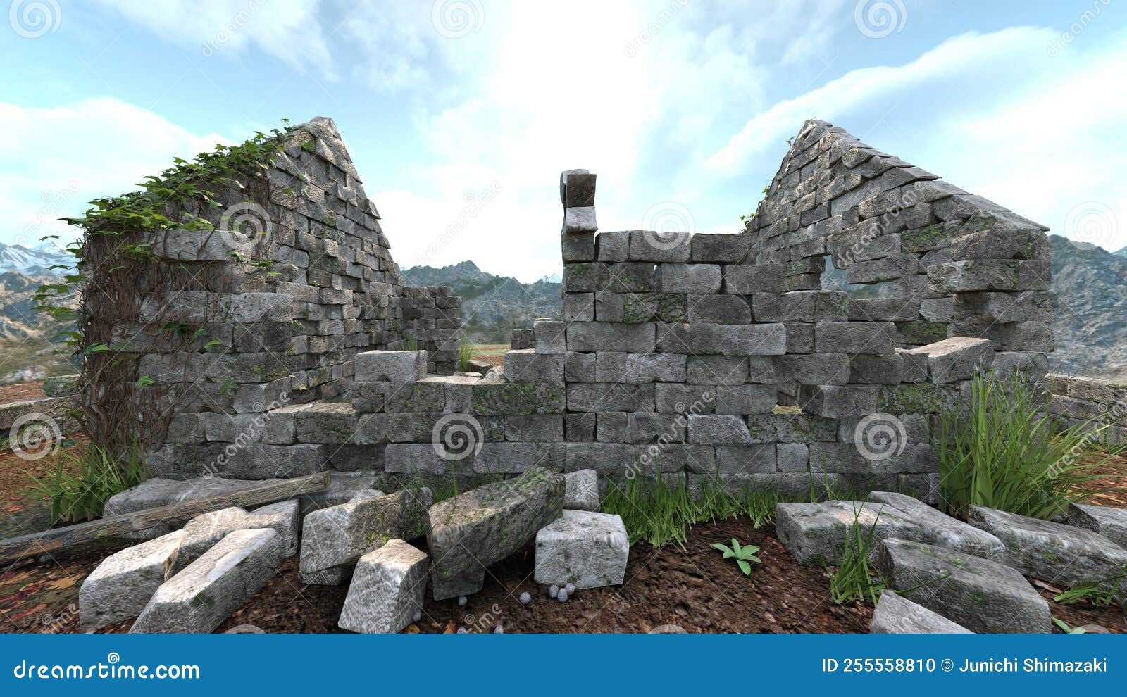 3D Rendering of the Collapsed Stone House at the Top of the Mountain ...
