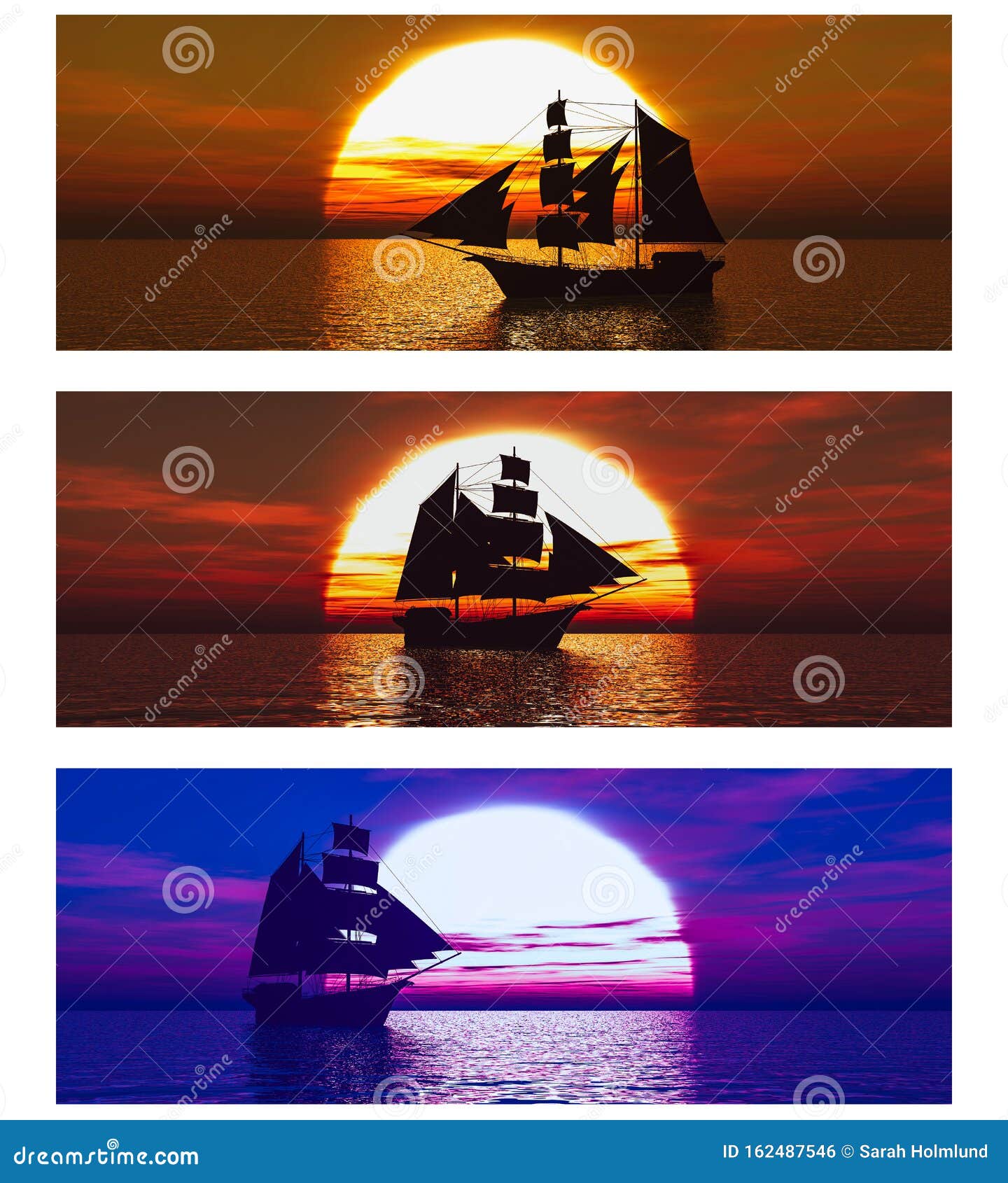 3D Rendering of a Collection of 3 Banners with Ships at Sea Stock ...