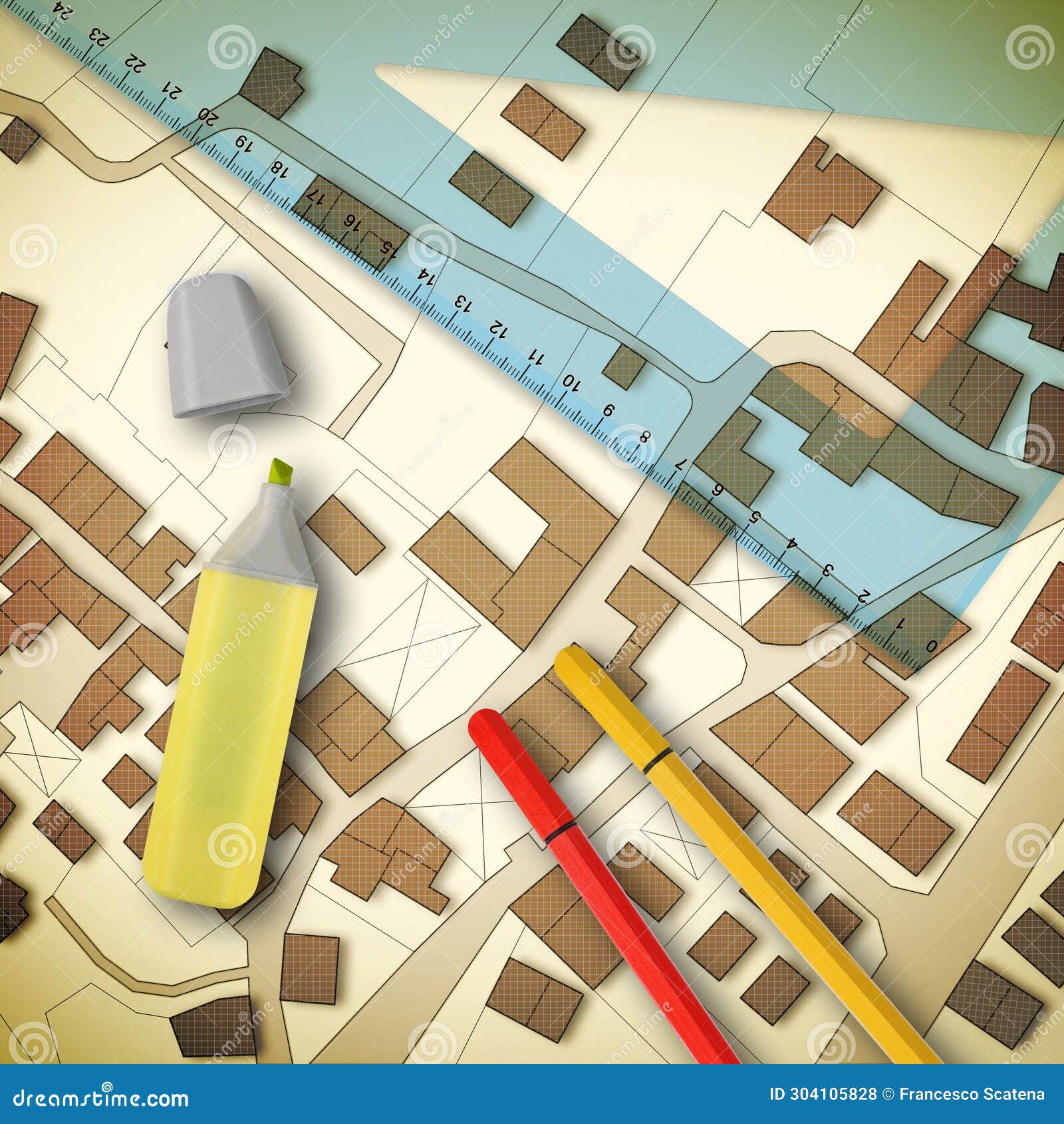 3D Rendering of Colored Work Tool Over a Cadastral Map of Territory ...