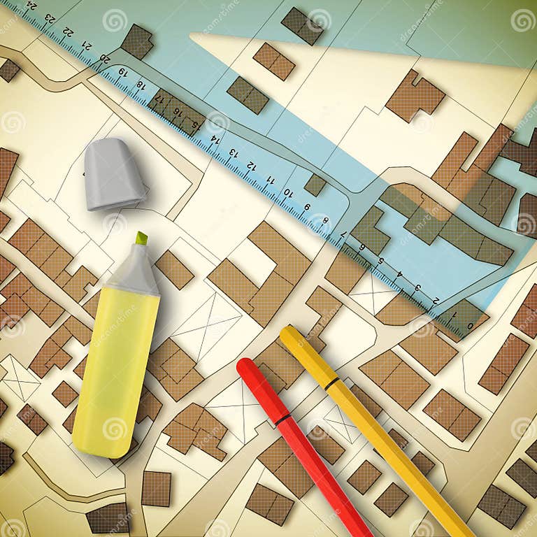 3D Rendering of Colored Work Tool Over a Cadastral Map of Territory with Buildings, Fields and ...