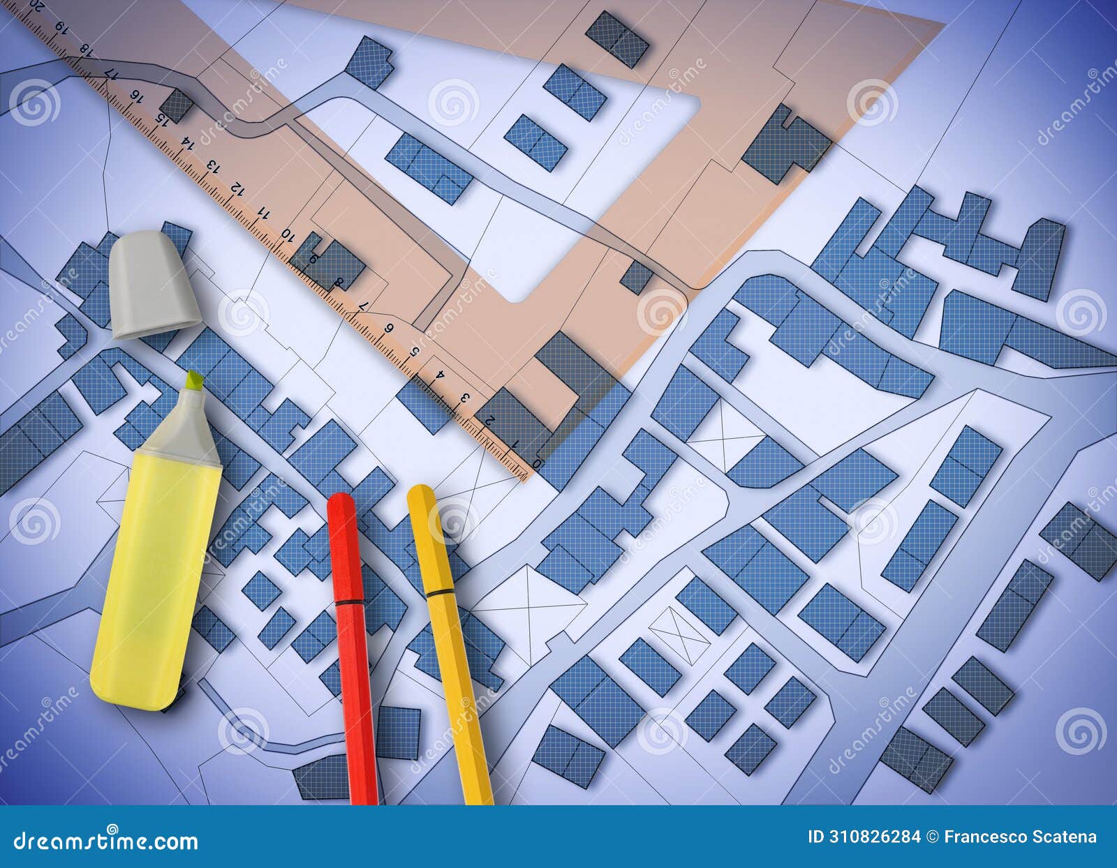 3D Rendering Of Colored Work Tool Over A Cadastral Map Of Territory With Buildings, Fields And ...