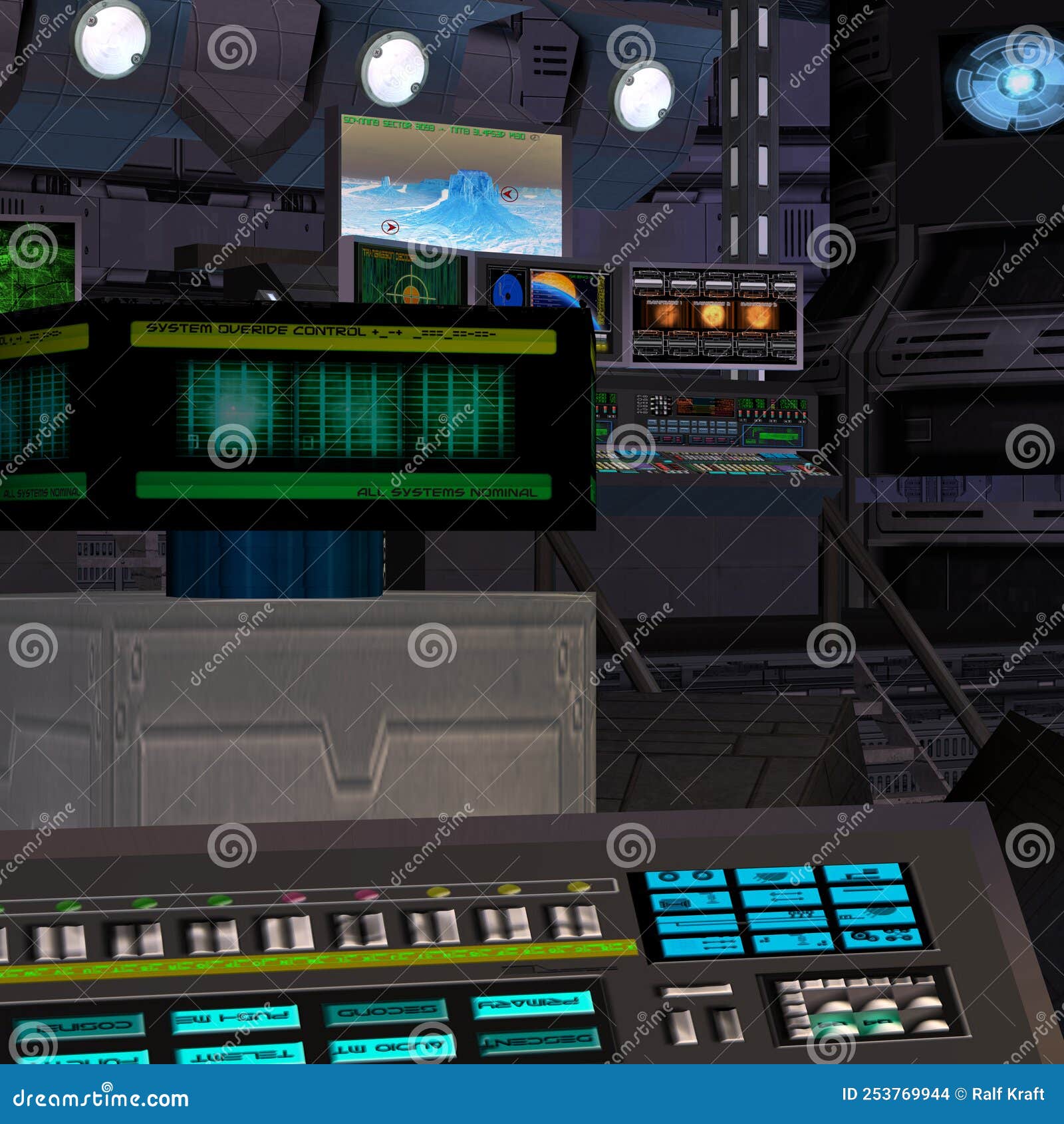 3D-illustration of the Command Room in a Science Fiction Starship Stock ...
