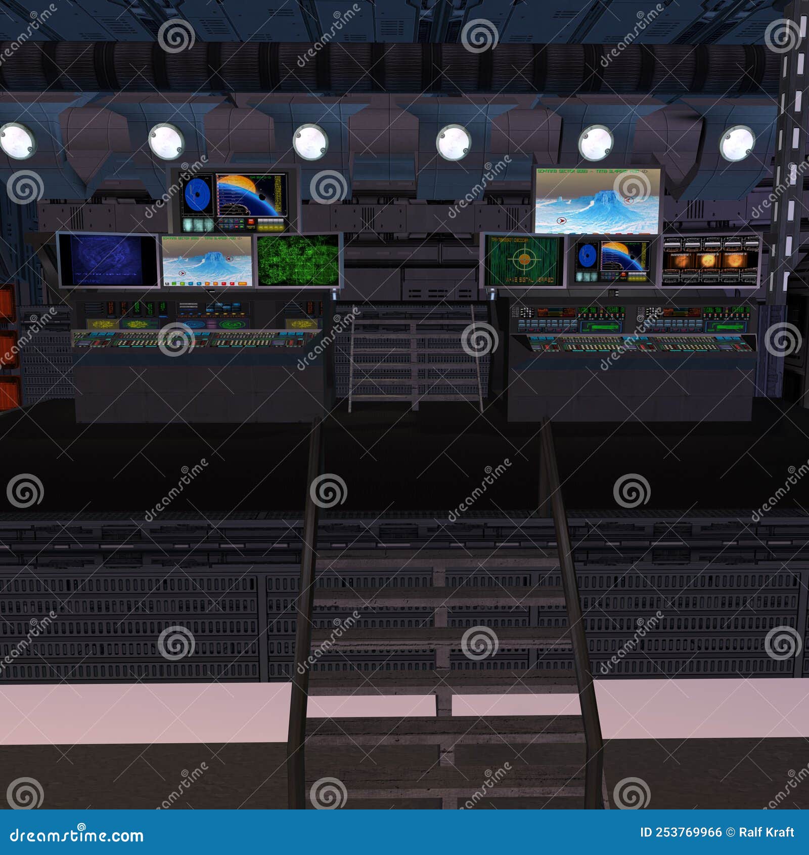 3D-illustration of the Command Room in a Science Fiction Starship Stock ...