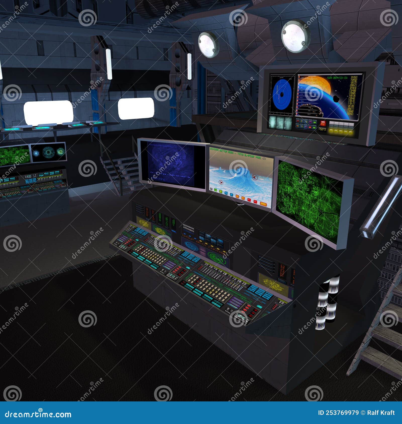 3D-illustration of the Command Room in a Science Fiction Starship Stock ...