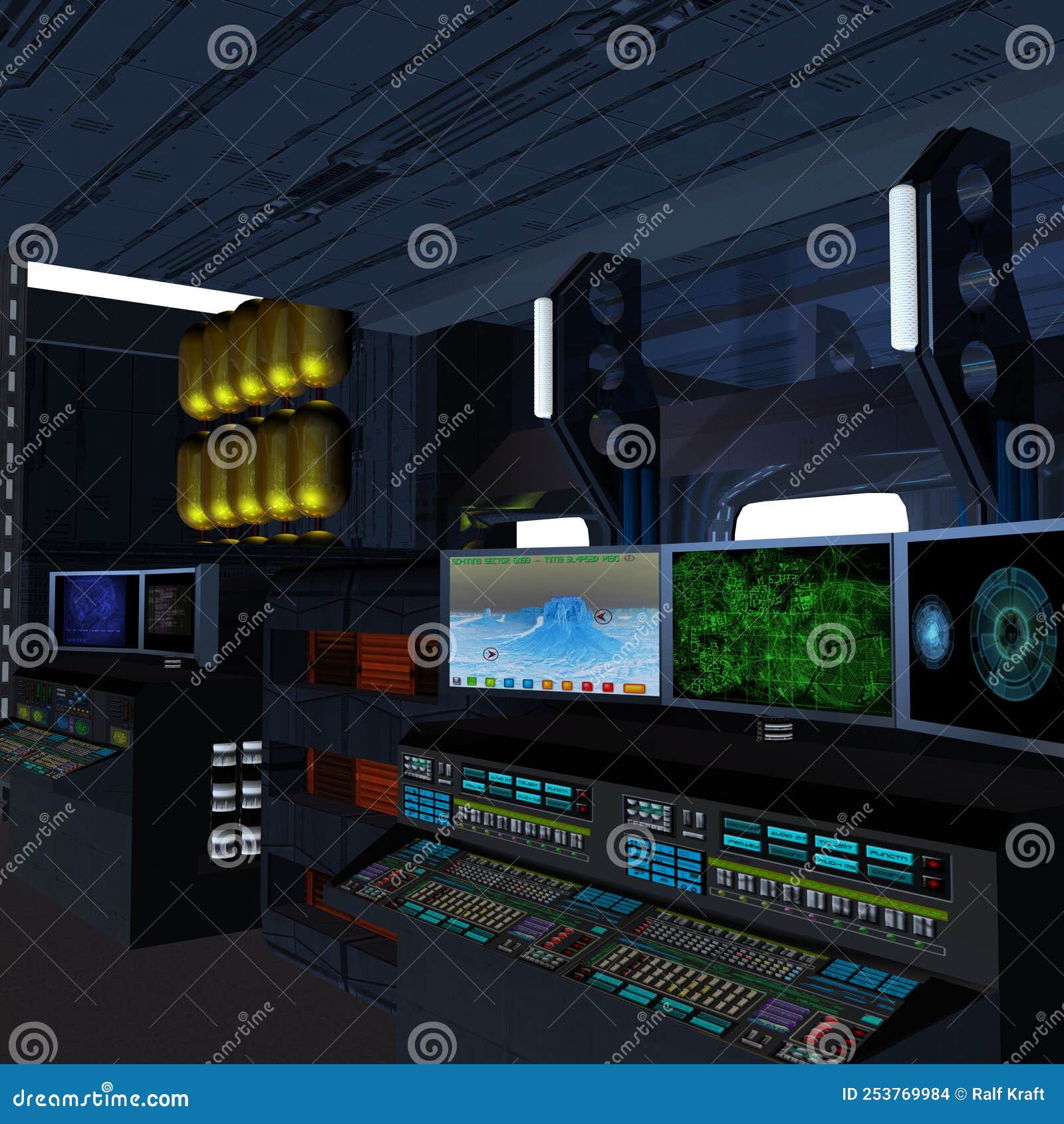 3D-illustration of the Command Room in a Science Fiction Starship Stock ...