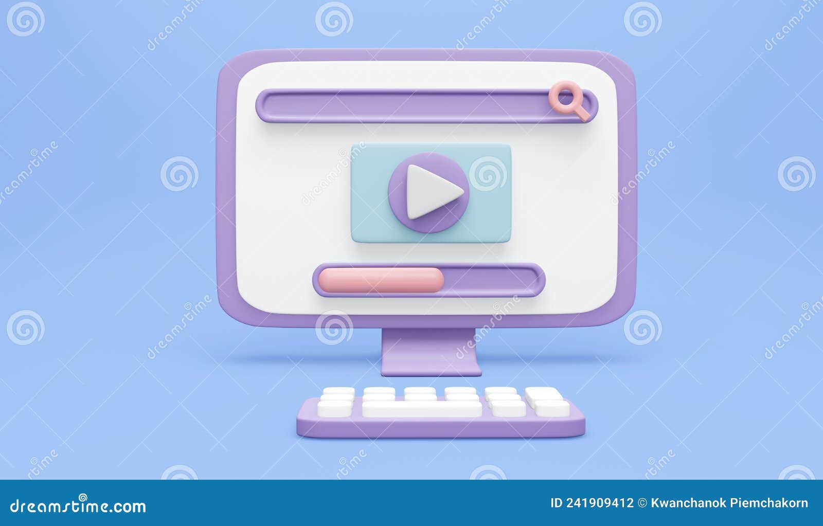 3D Rendering of Computer Desktop Screen with Search Bar Play Button and ...