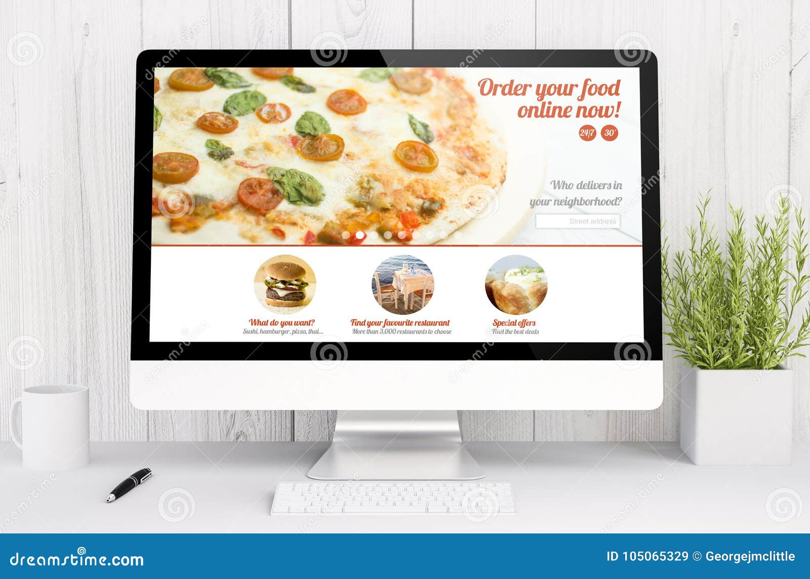 White Workspace with Computer Food Order Stock Image - Image of office ...