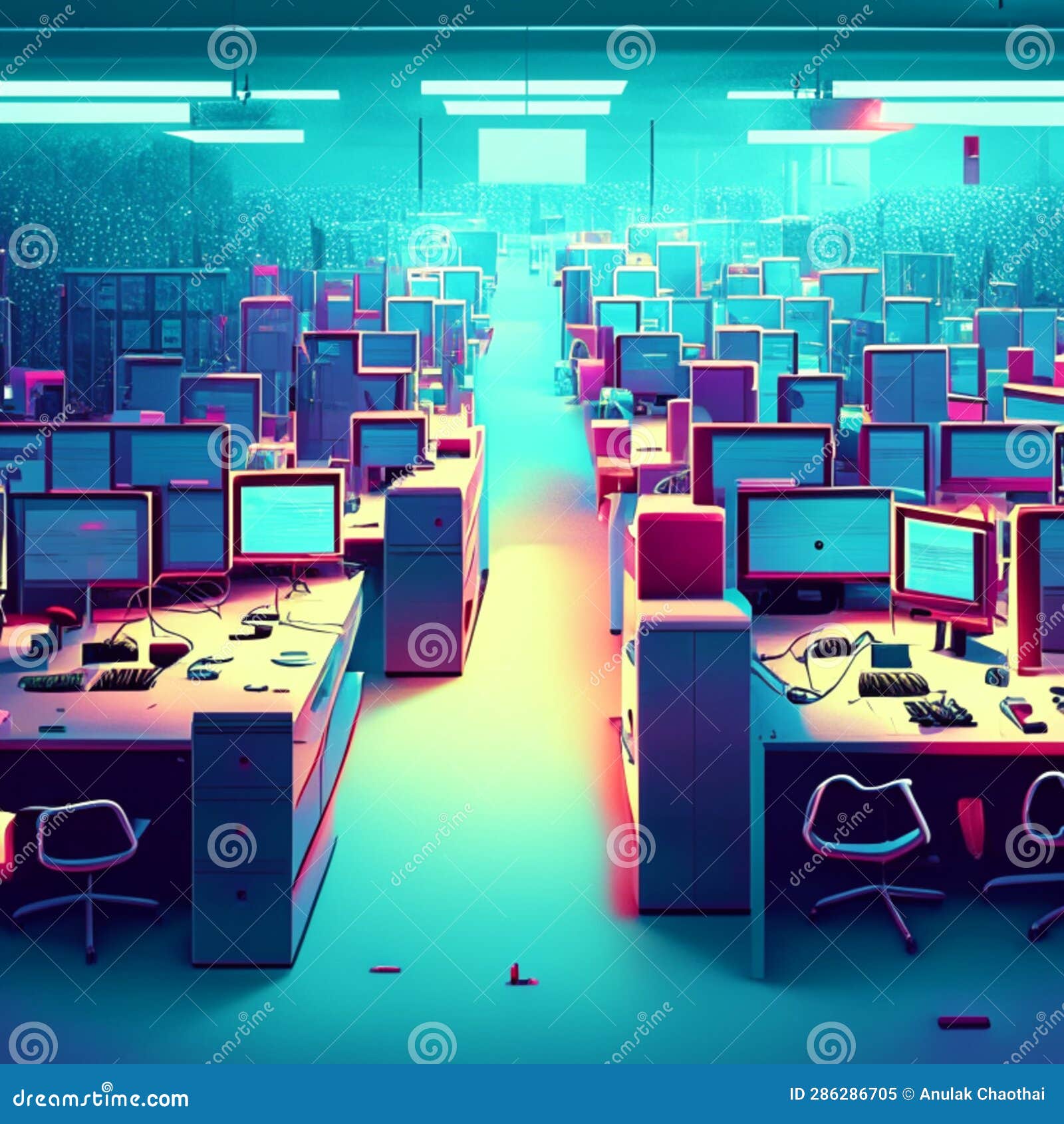 3d Rendering Of A Computer Room With A Lot Of Computers Generative Ai Stock Illustration