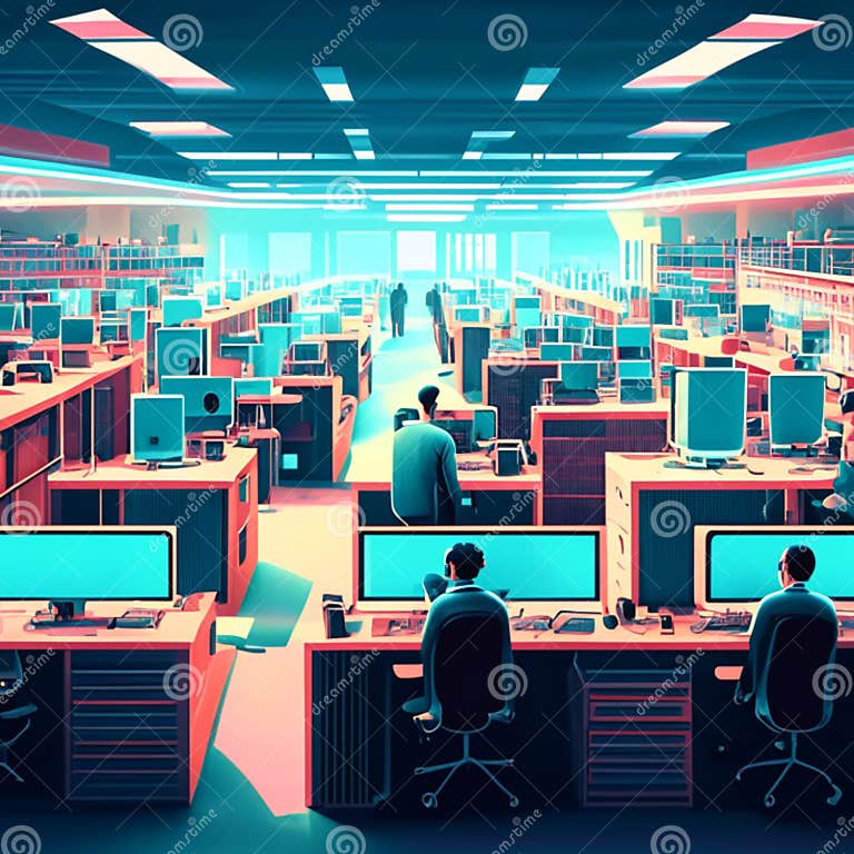 3D Rendering of a Computer Room in an Office with People Silhouettes ...