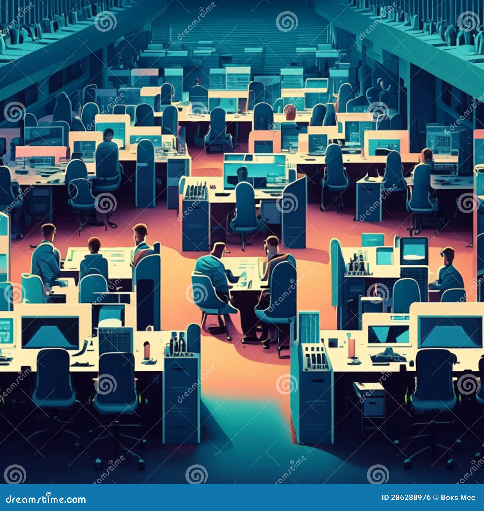 3D Rendering of a Computer Room with People Working in the Background ...