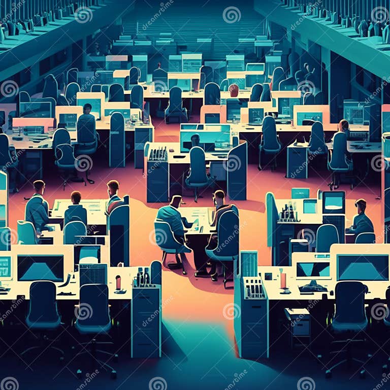 3D Rendering of a Computer Room with People Working in the Background ...
