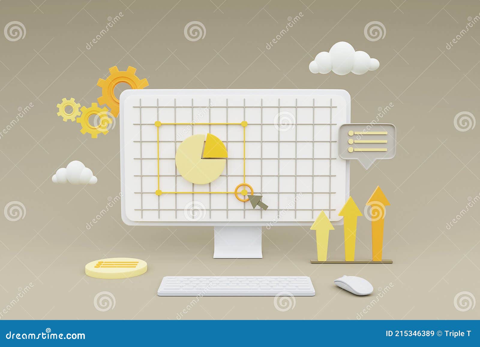 3d Rendering of Computer Showing Web Development with 3d Shapes,pie ...