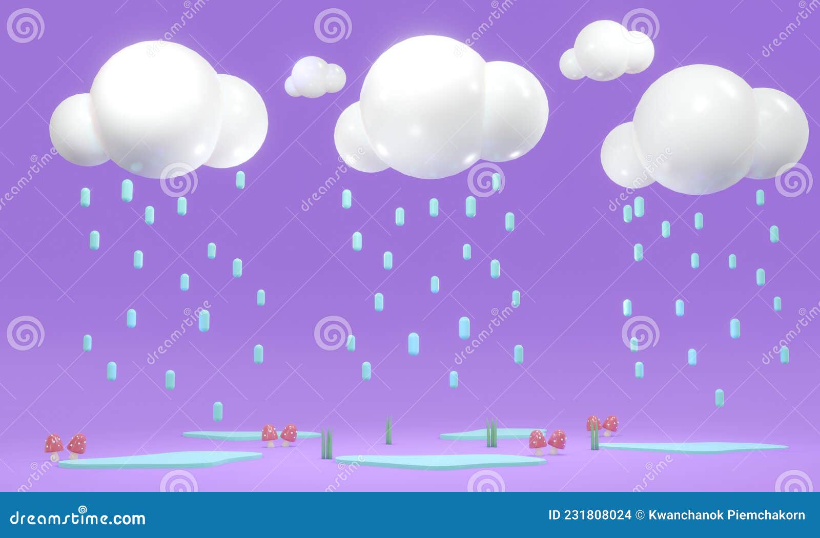 3d Rendering Concept of Rainy Season. Raining Clouds on Purple ...